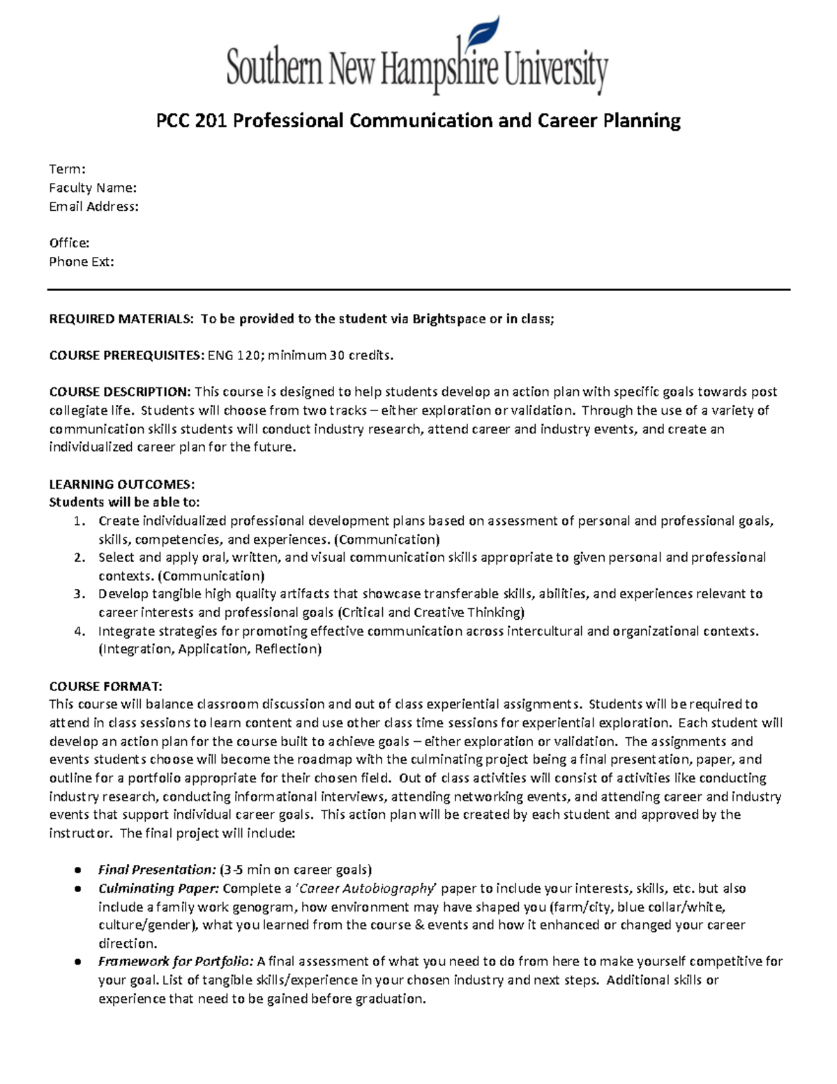 Professional Communication and Career Planning Syllabus - PCC 201 Professional Communication and ...