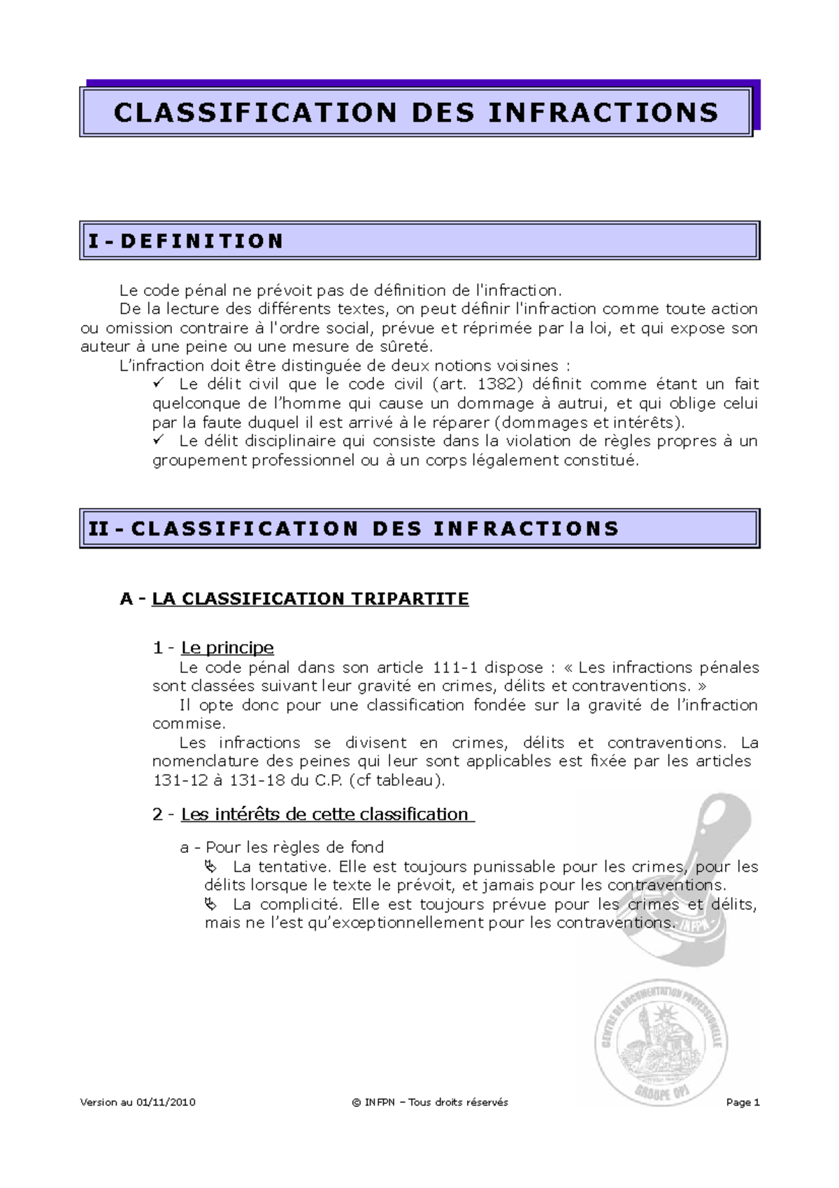 Classification des infractions - C L A S S I F I C A T I O N D E S I N ...