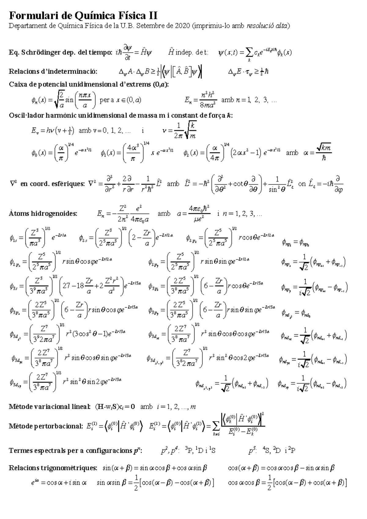 Formulari de mecànica quàntica (DINA4) - Formulari de Química Física II ...