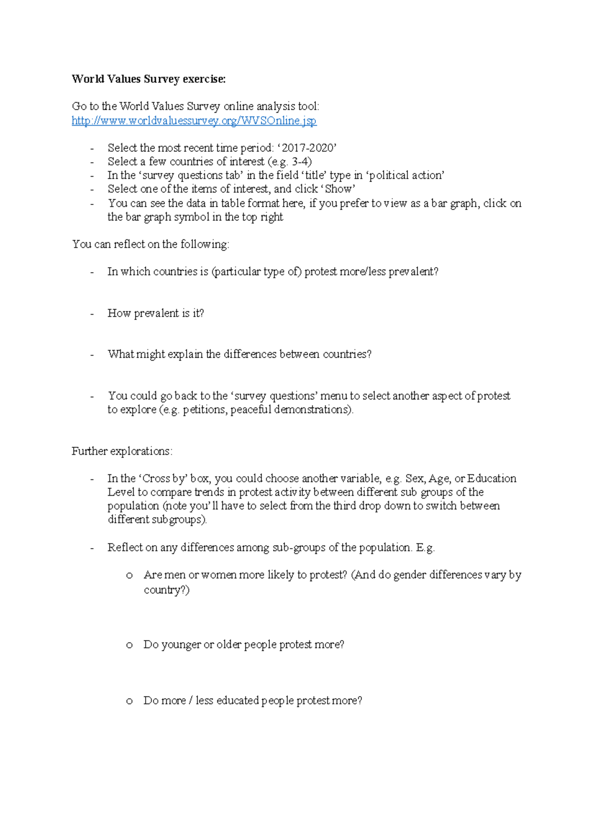 Exercise - World Values Survey - World Values Survey exercise: Go to ...