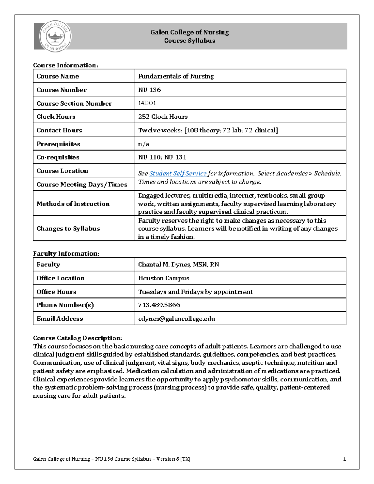 NU 136 Syllabus Version 8 TX - Galen College of Nursing Course Syllabus ...