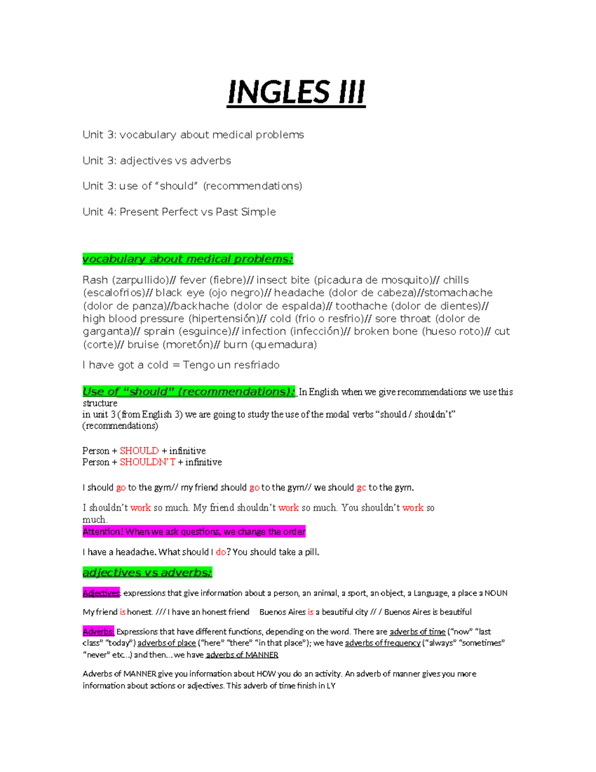 Ingles III 2 - Resumen segundo parcial - INGLES III Unit 3: vocabulary about medical problems ...