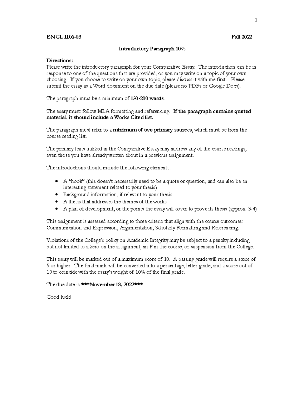 Introductory Paragraph Rubric - ENGL 1106-03 Fall 2022 Introductory ...