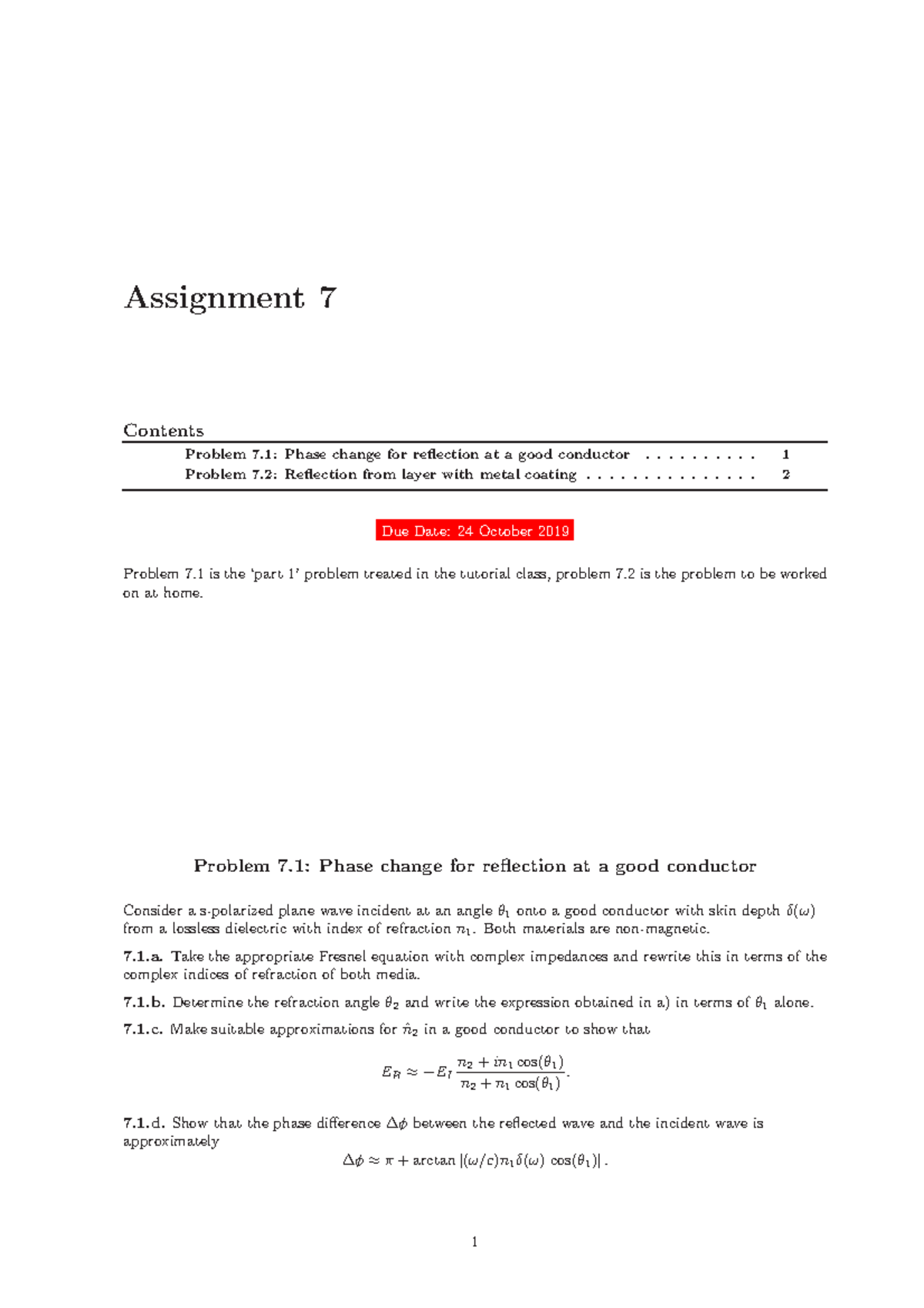 Assignment week7 - Exercise from week 7 - Assignment 7 Contents Problem ...