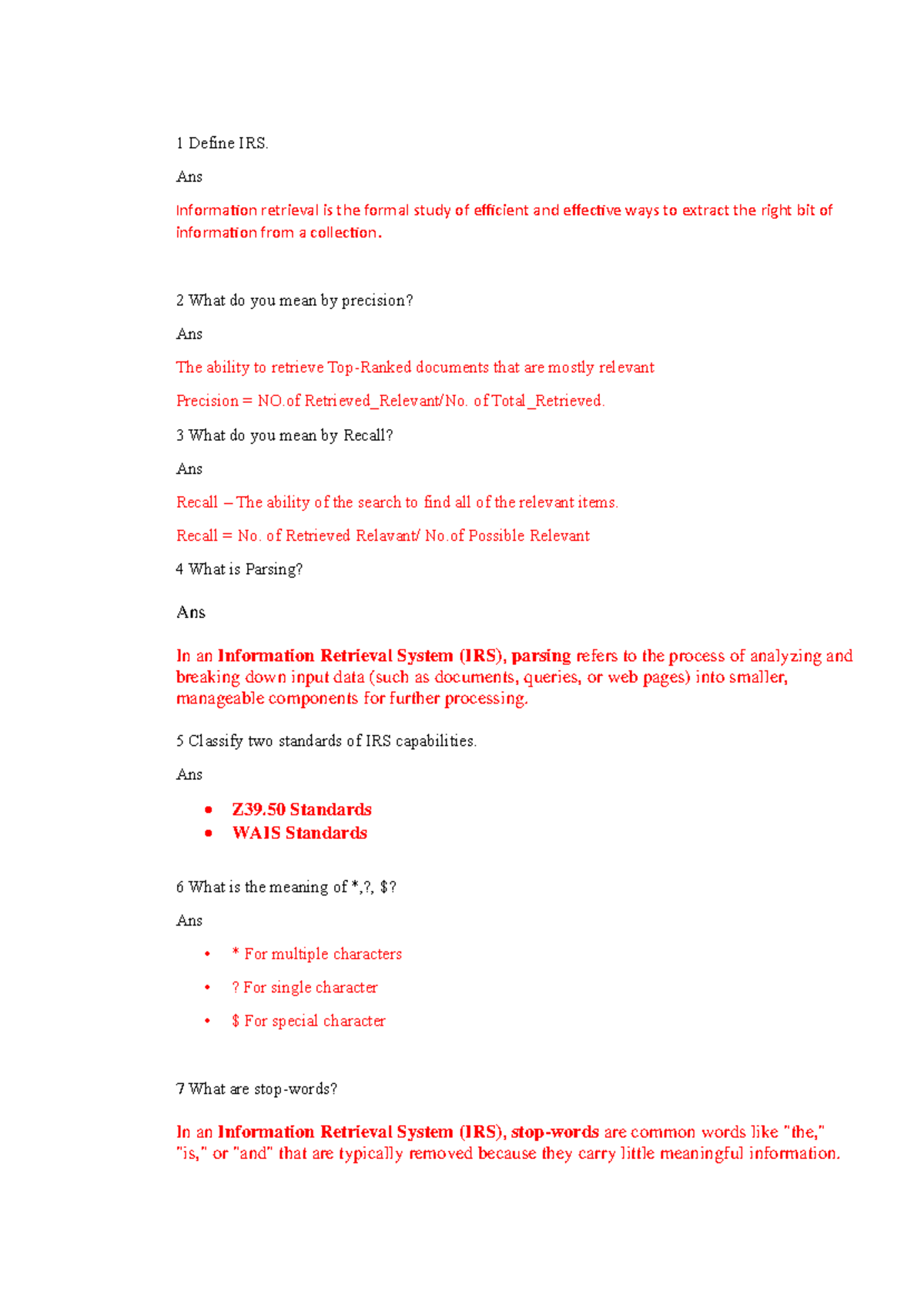 IRS mid -1 short ans - information retrieval system - 1 Define IRS. Ans Information retrieval is ...