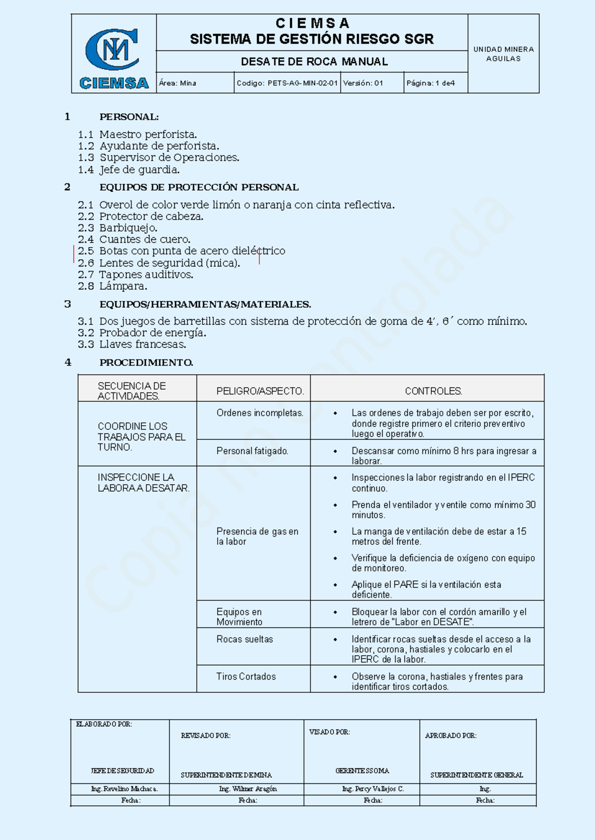 PETS-AG-MIN-02-01 Desate de roca - SISTEMA DE GESTIÓN RIESGO SGR UNIDAD ...