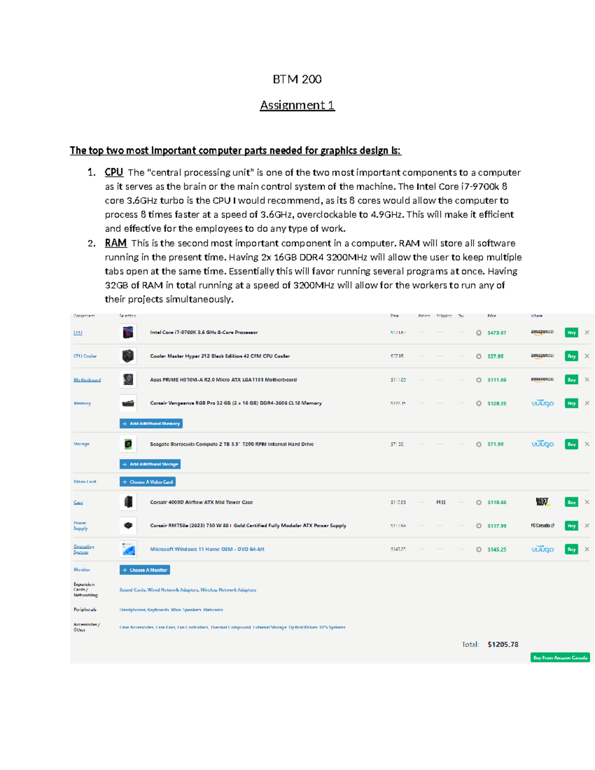 BTM Assignment 1 - BTM 200 Assignment 1 The top two most important computer parts needed for ...