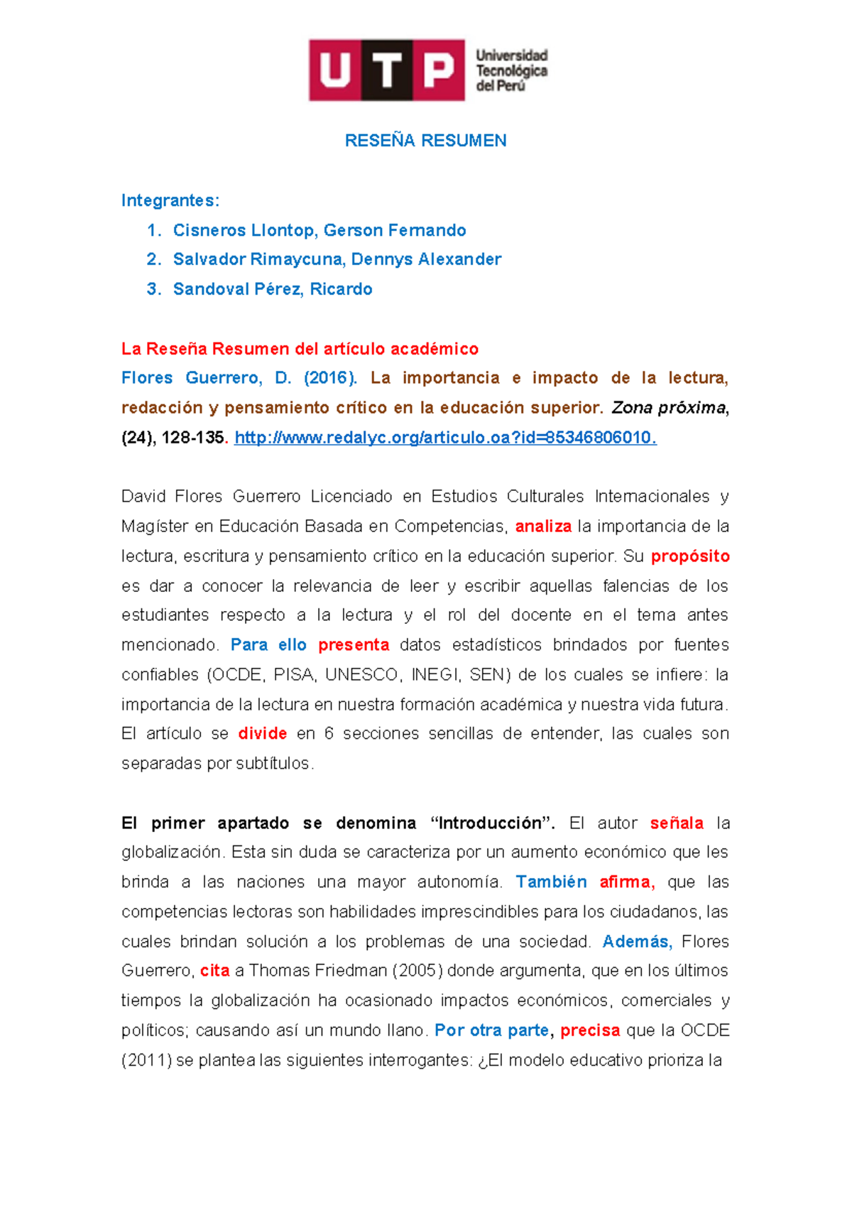 Reseña Resumen completo - RESEÑA RESUMEN Integrantes: 1. Cisneros ...