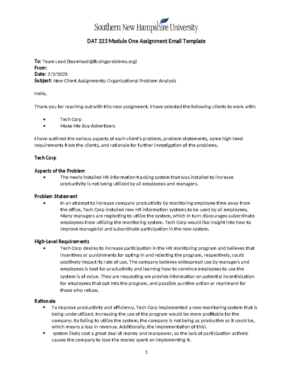 DAT 223 Module One Assignment - I have selected the following clients ...