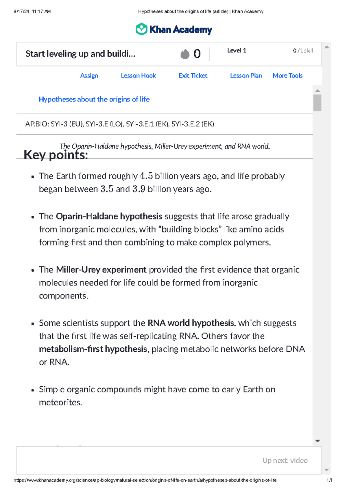 Hypotheses about the origins of life (article) Khan Academy - Start ...