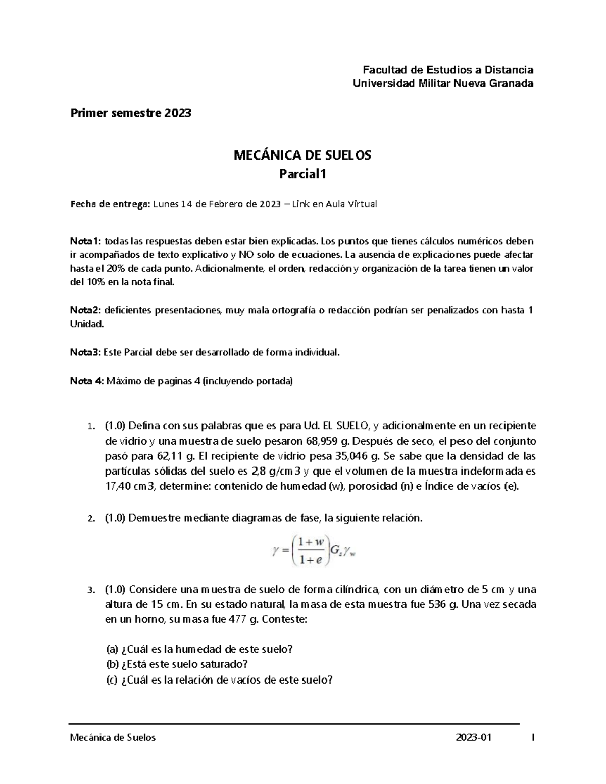 Parcial 1 - Mecanica de suelos 2023-1 - Facultad de Estudios a Distancia Universidad Militar ...