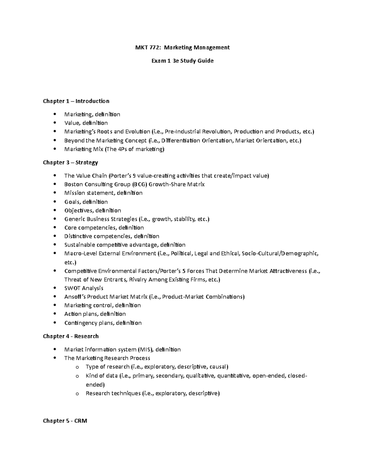 Exam 1 3e Study Guide - N/A - MKT 772: Marketing Management Exam 1 3e ...