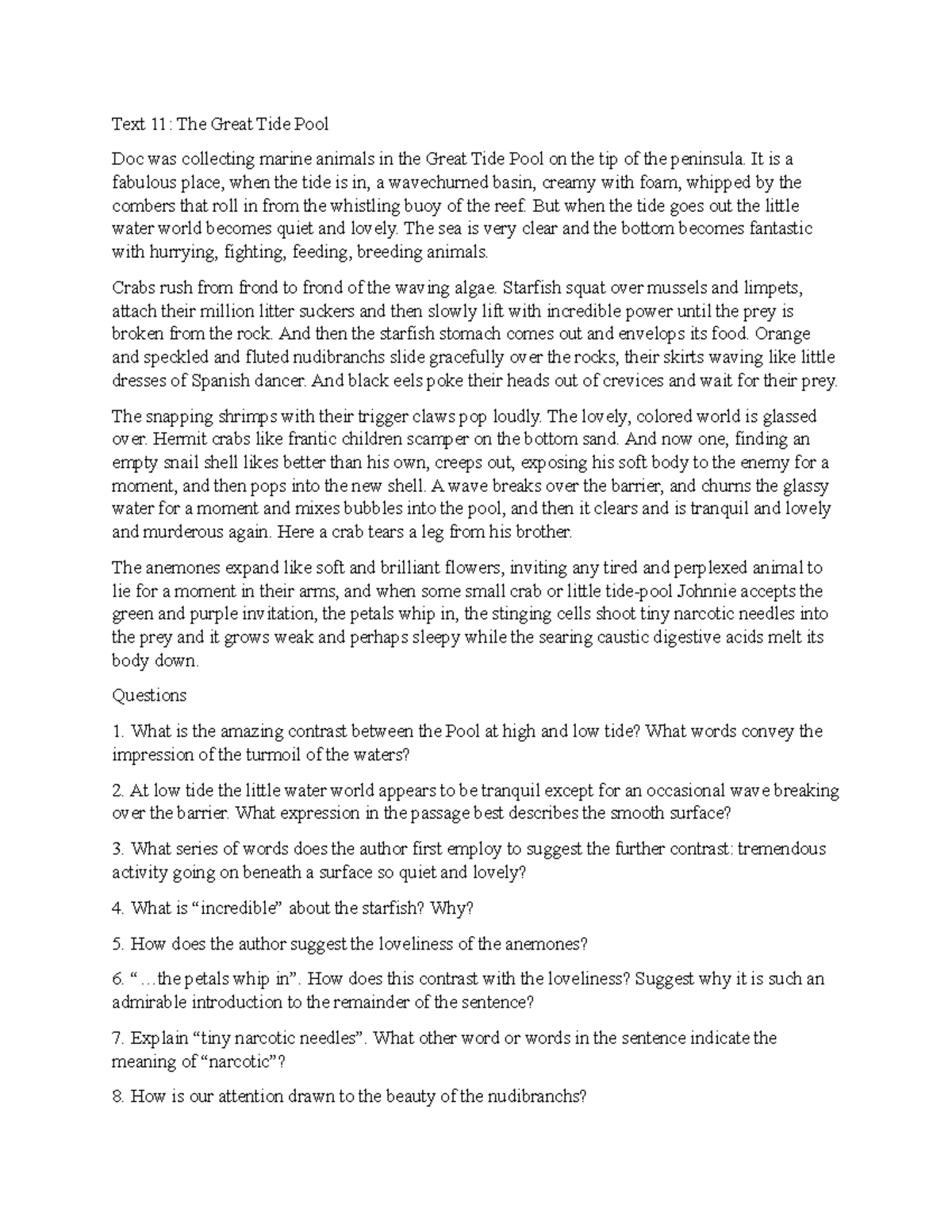 Unit 6 Juxtaposition Text 11 The Great Tide Pool - Text 11: The Great ...