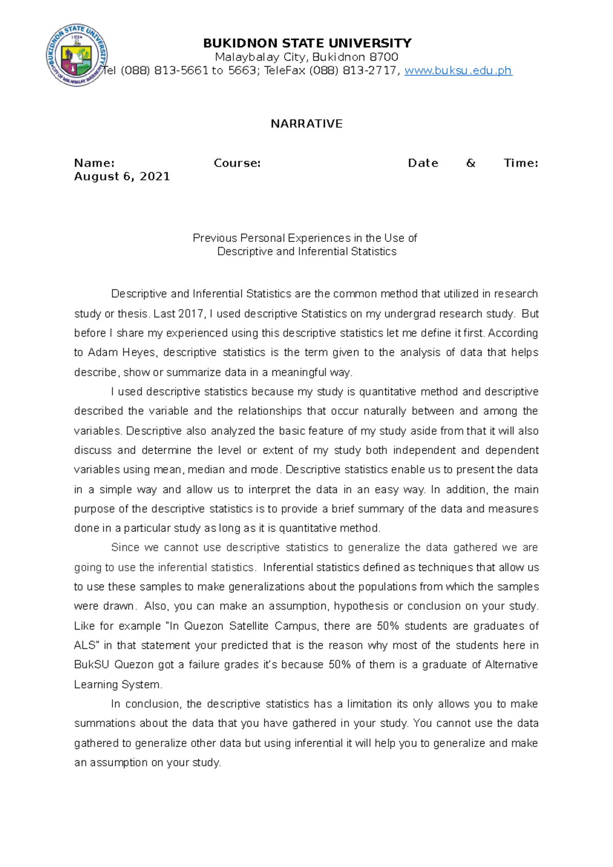 Narrative Paper - BUKIDNON STATE UNIVERSITY Malaybalay City, Bukidnon ...