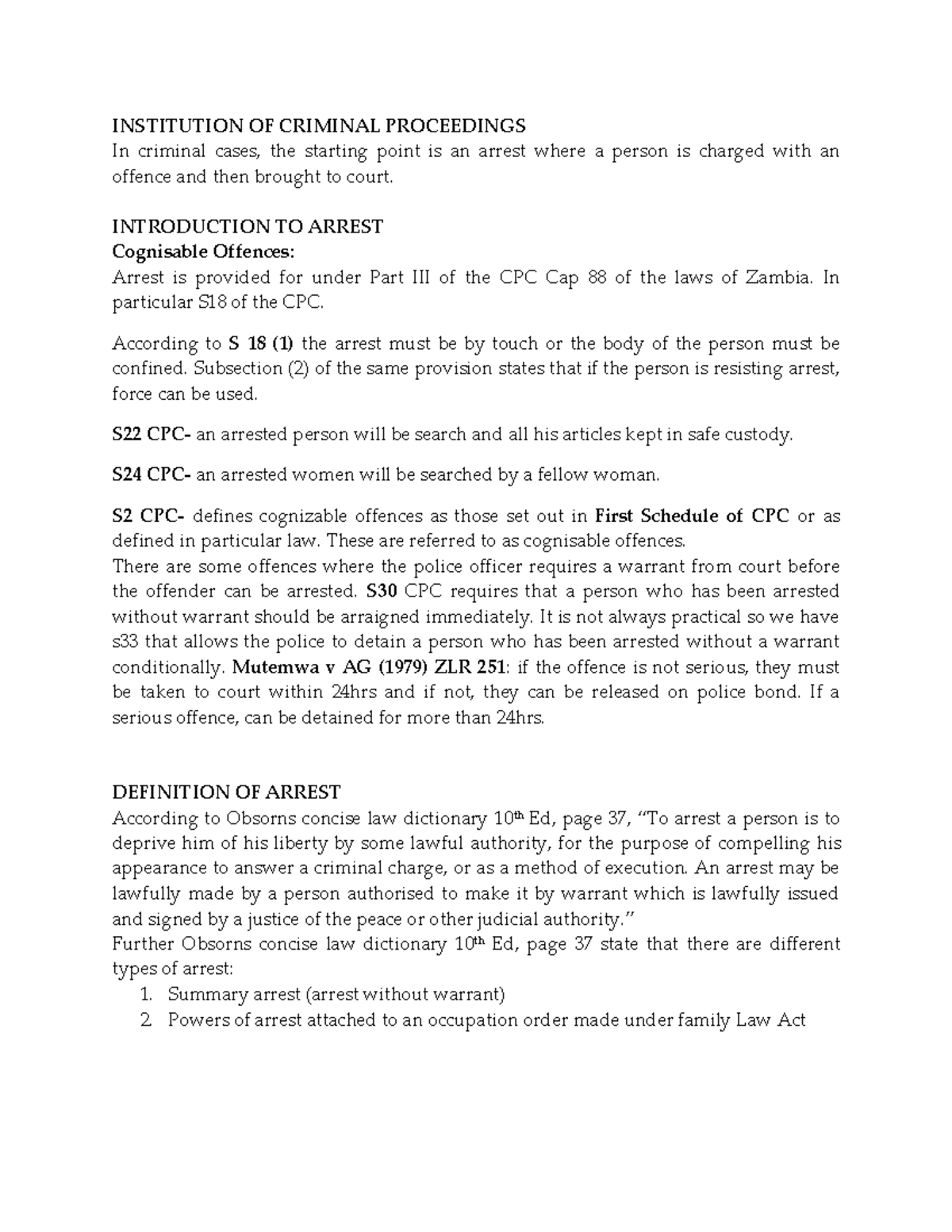 Topic 8- Arrest - Summary Introduction to criminal law - INSTITUTION OF ...