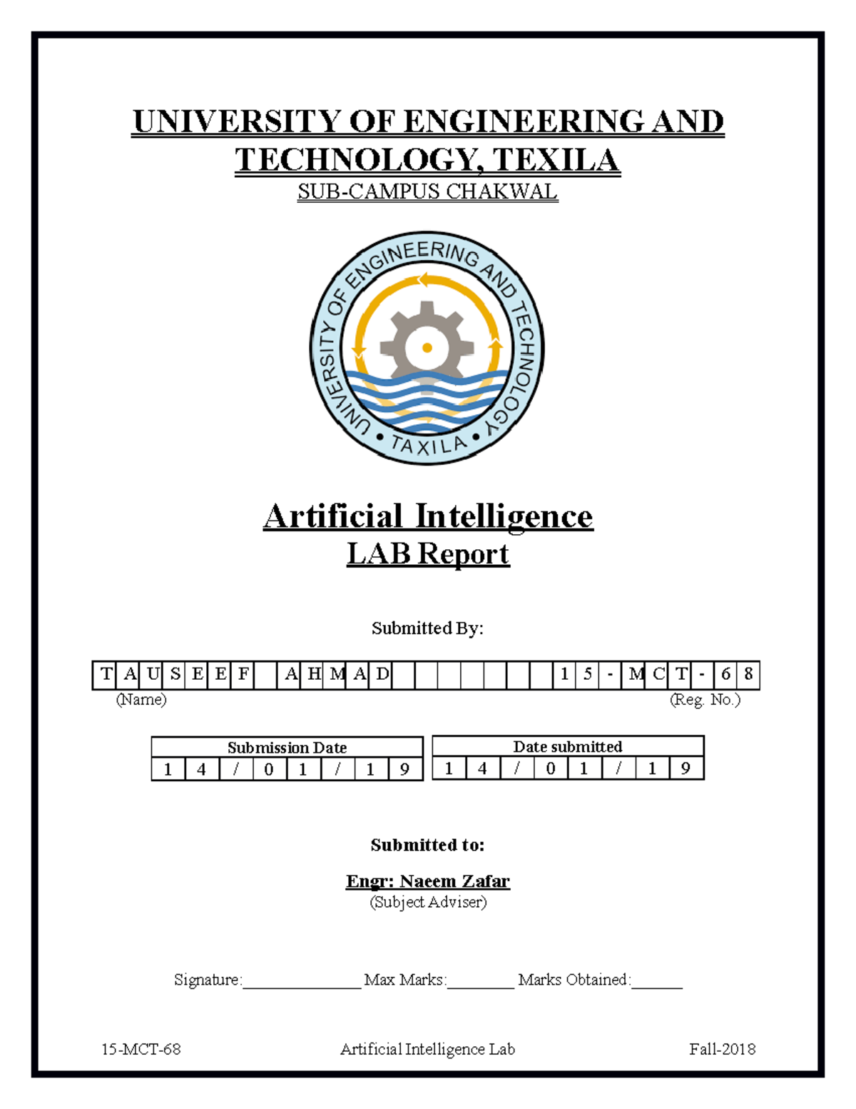 Lab Assessment for Artificial assignment - UNIVERSITY OF ENGINEERING ...