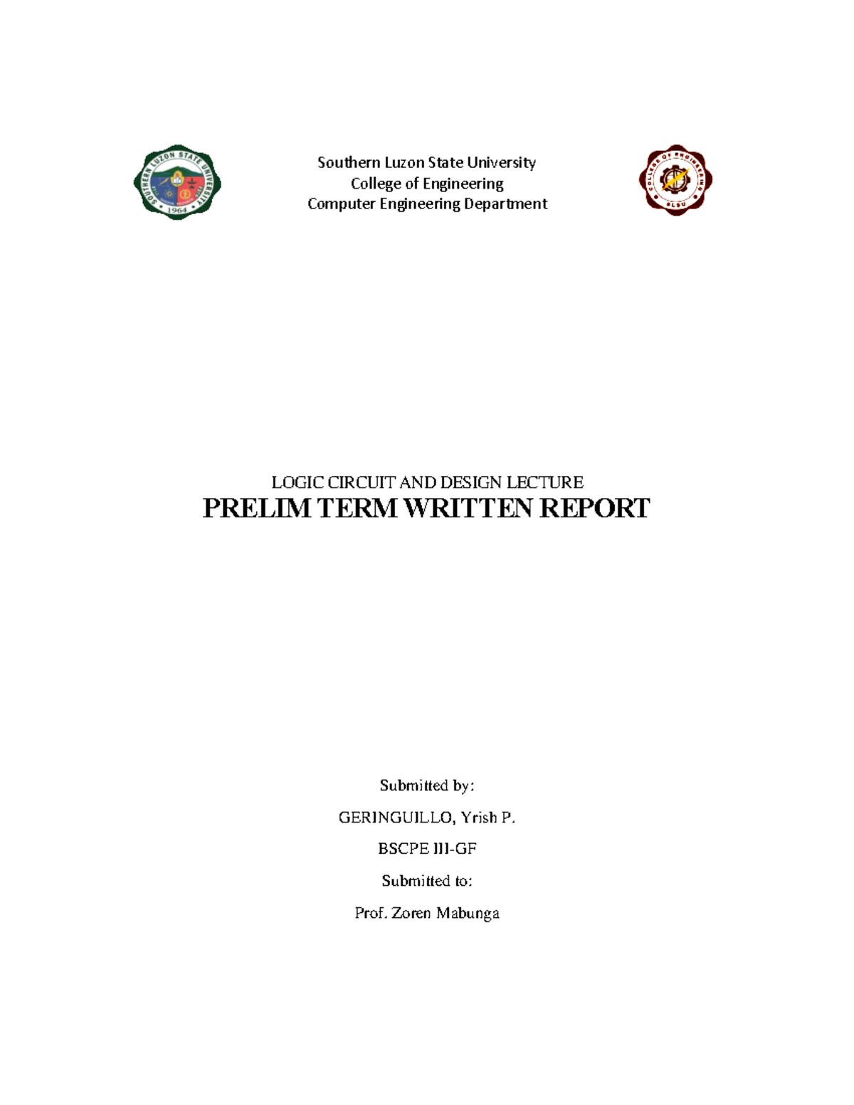 Prelim Project HHH - Southern Luzon State University College of Engineering Computer Engineering ...