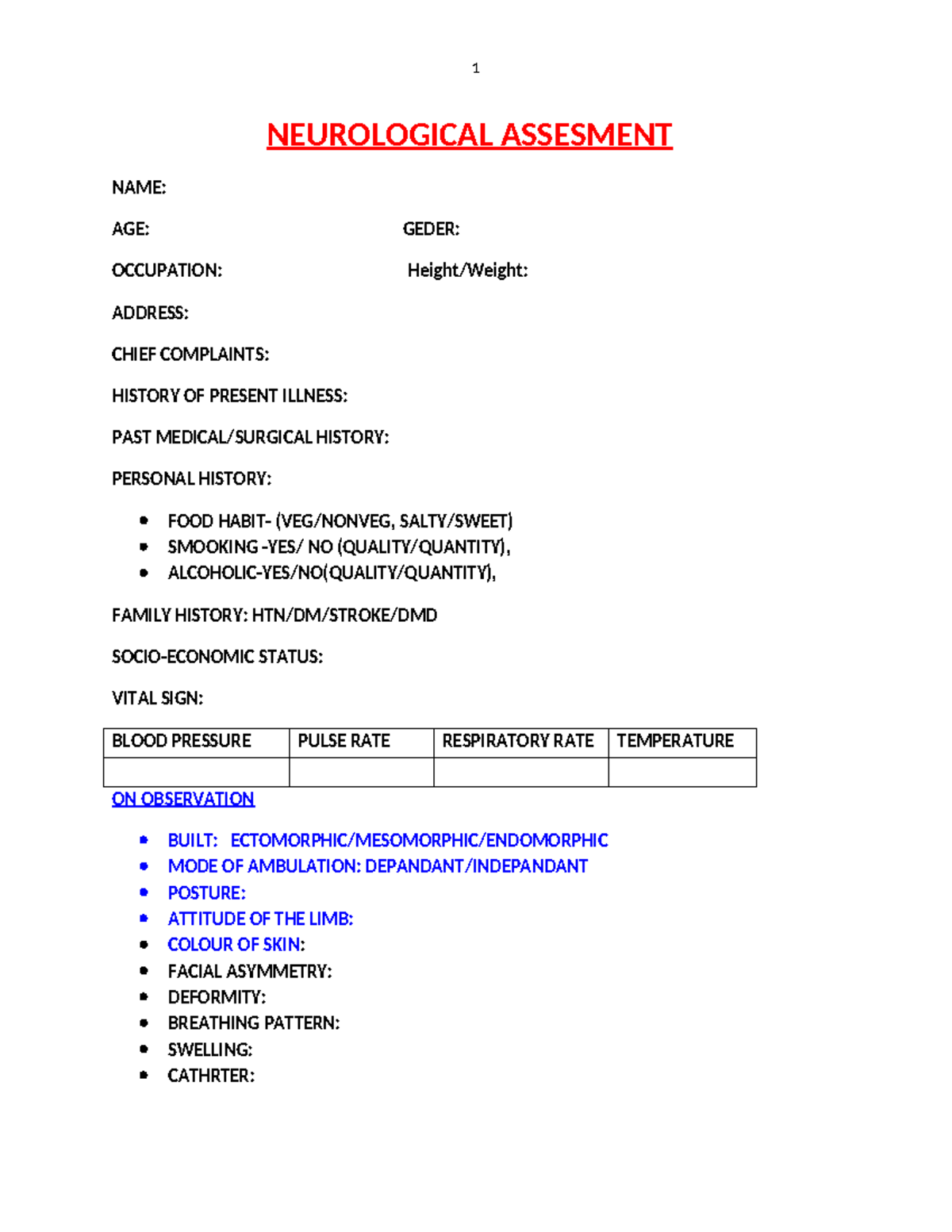 Neurological Assessment 11 - NEUROLOGICAL ASSESMENT NAME: AGE: GEDER ...
