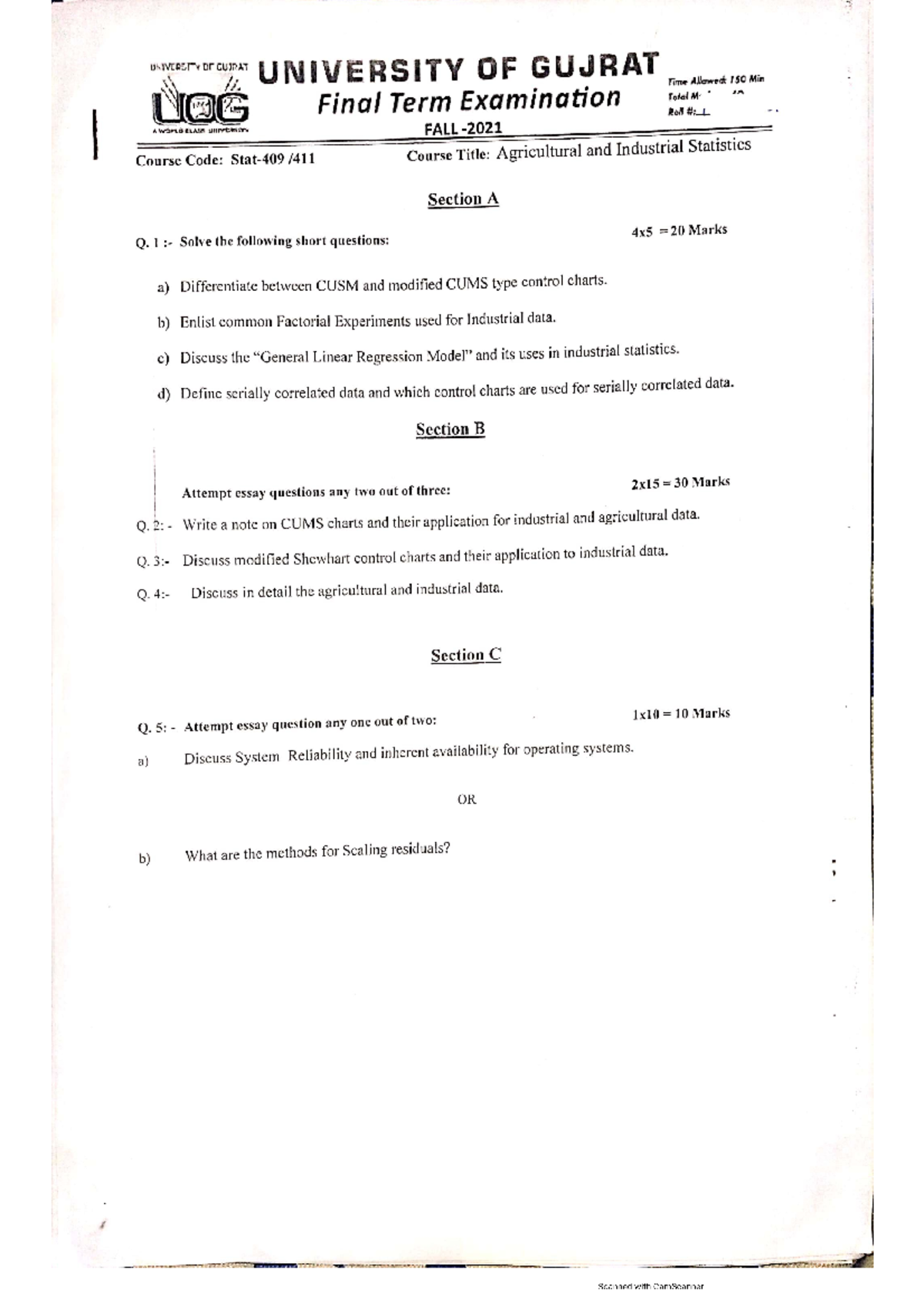 7th semester papers - Statistics - Studocu