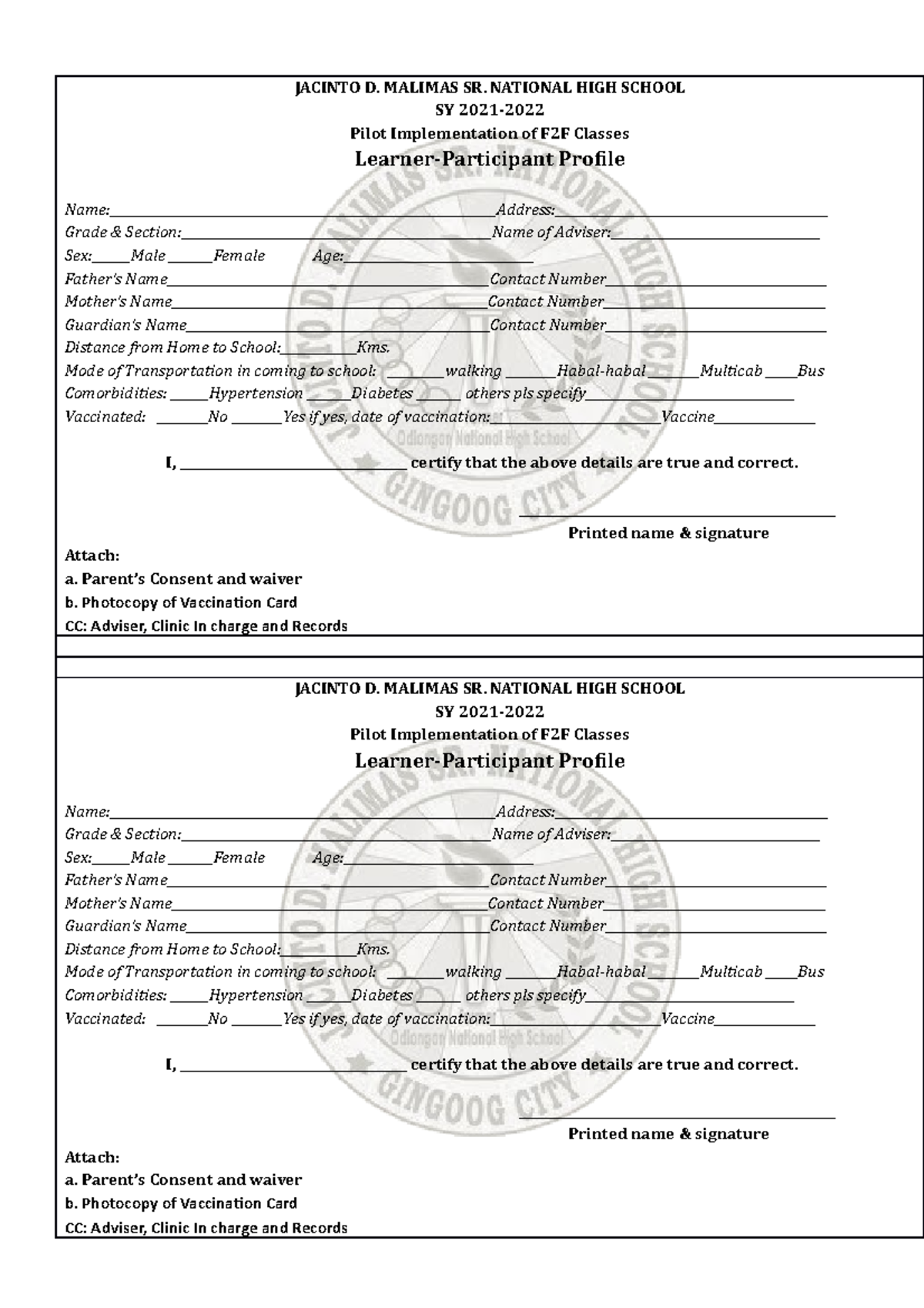 F2F Learner Participant Profile - JACINTO D. MALIMAS SR. NATIONAL HIGH ...
