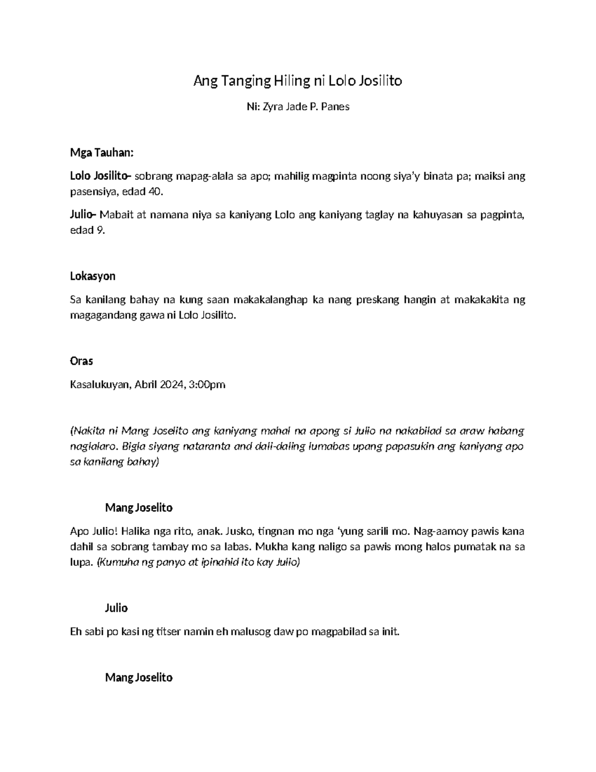 Ang Tanging Hiling ni Lolo Josilito - Panes Mga Tauhan: Lolo Josilito- sobrang mapag-alala sa ...