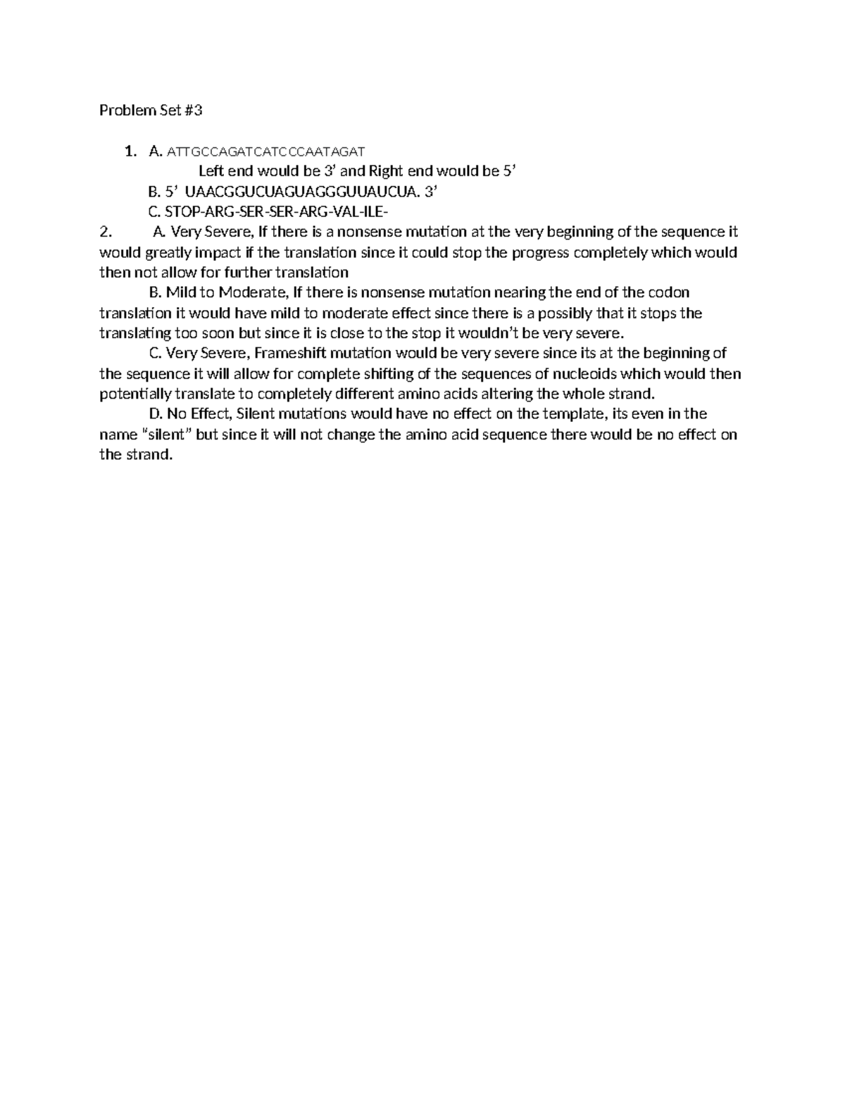 Problem Set #3 - Summary Genetics and Genomics - Problem Set 1. A ...