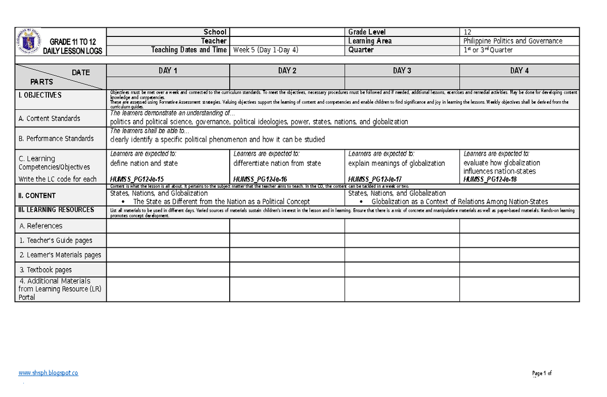 PPG Week e - States, Nations and Globalizations - School Grade Level 12 ...