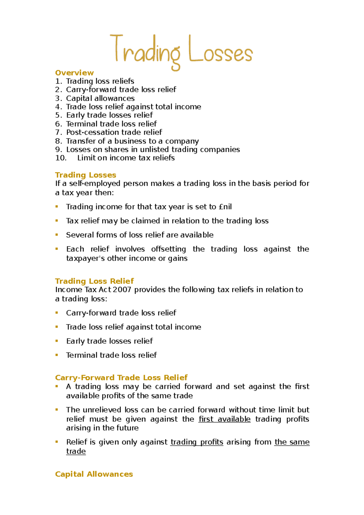 Chapter 12 - Trading Losses - Overview Trading loss reliefs Carry ...