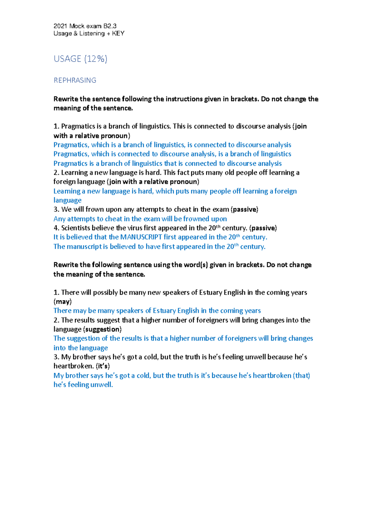 2021 B2.3 Mock exam Usage Listening with KEY - 2021 Mock exam B2. Usage & Listening + KEY USAGE ...