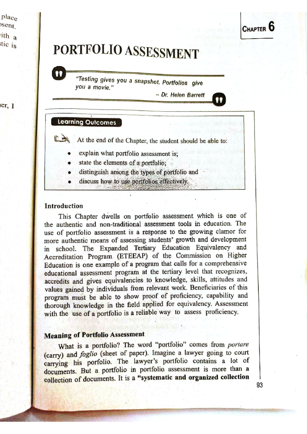 Chapter-6 - Assessing - CHAPTER 6 PORTFOLIO ASSESSMENT gives you a snapshot. Portfolios give you ...