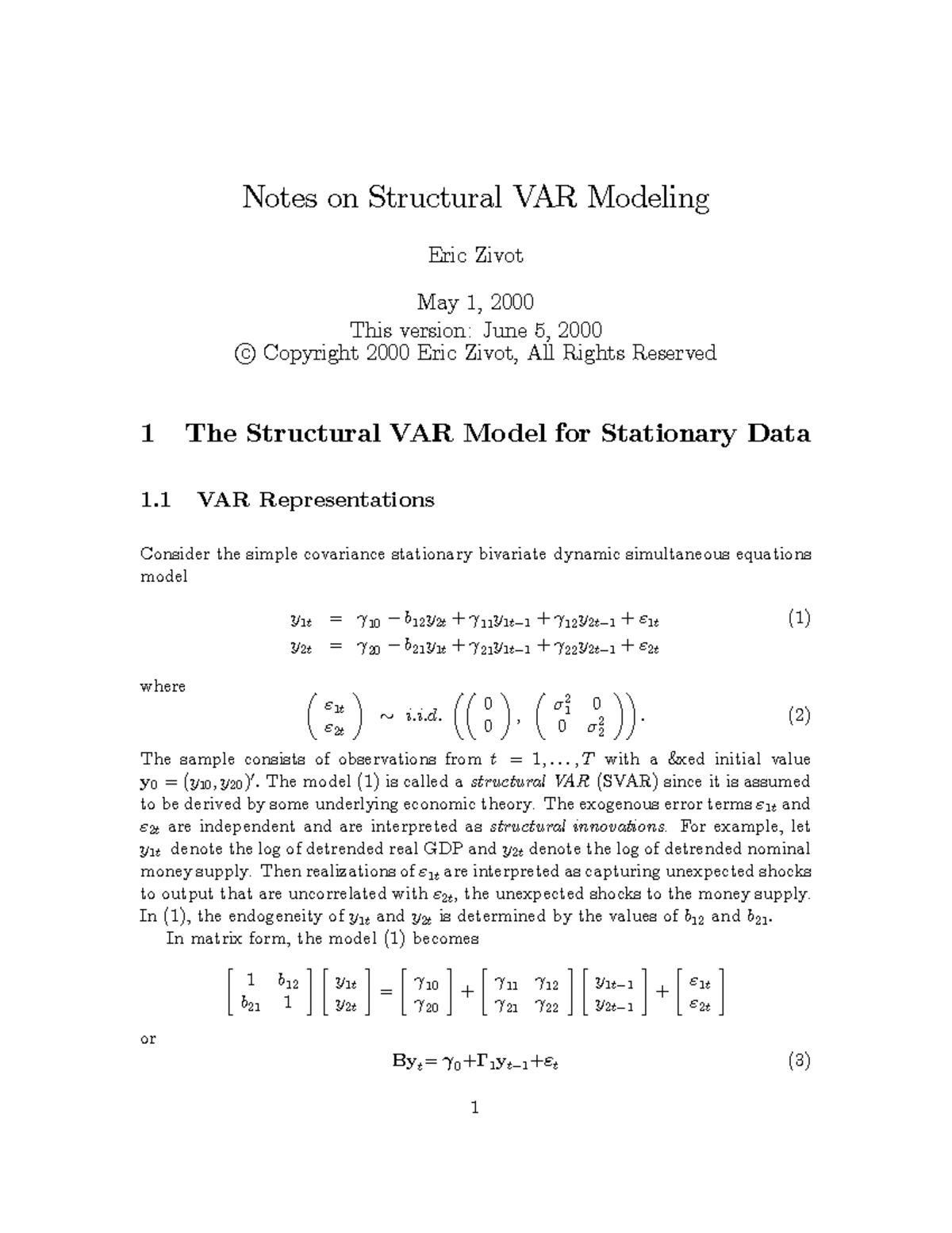 Zivotvarnotes-reading - Notes on Structural VAR Modeling Eric Zivot May ...