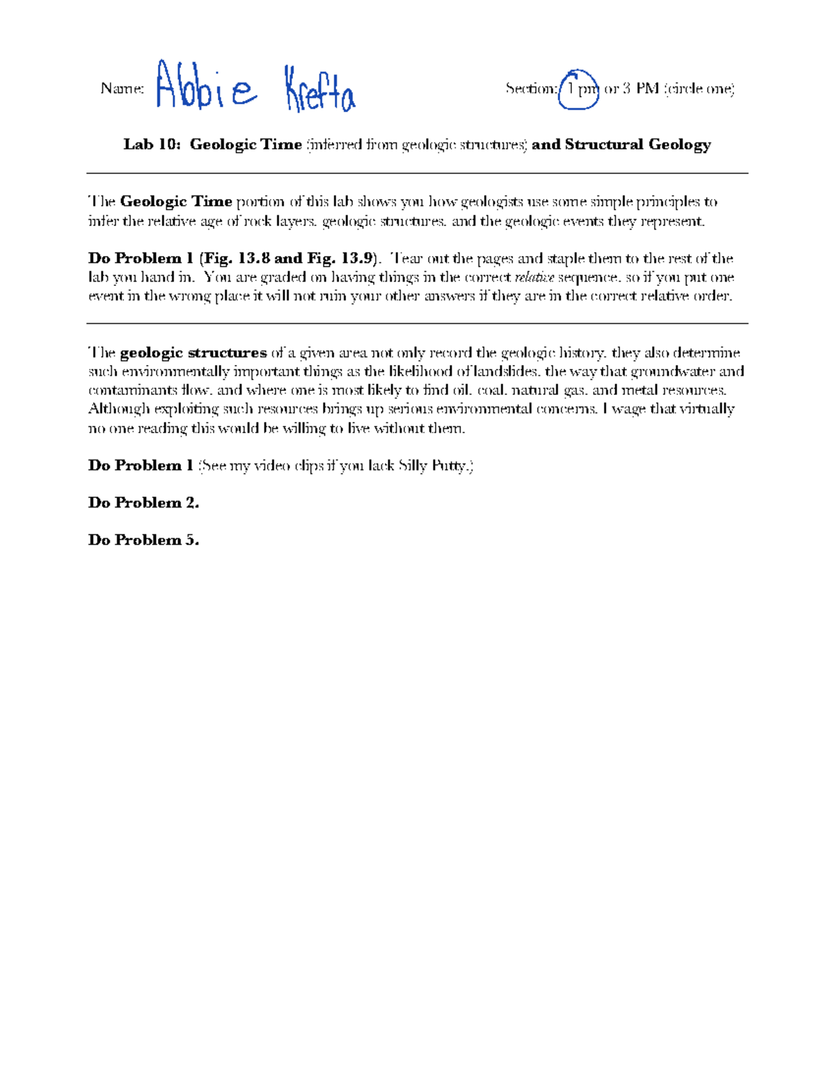 Lab+10+Geol Time Structures - Name: Section: 1 pm or 3 PM (circle one ...