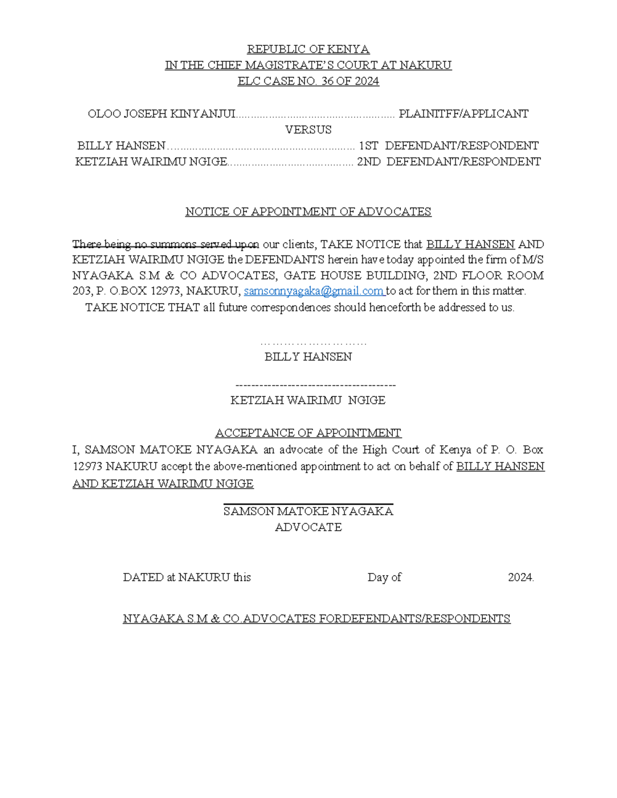 Notice OF Appointment OF Advocates-DOC 1 - REPUBLIC OF KENYA IN THE ...