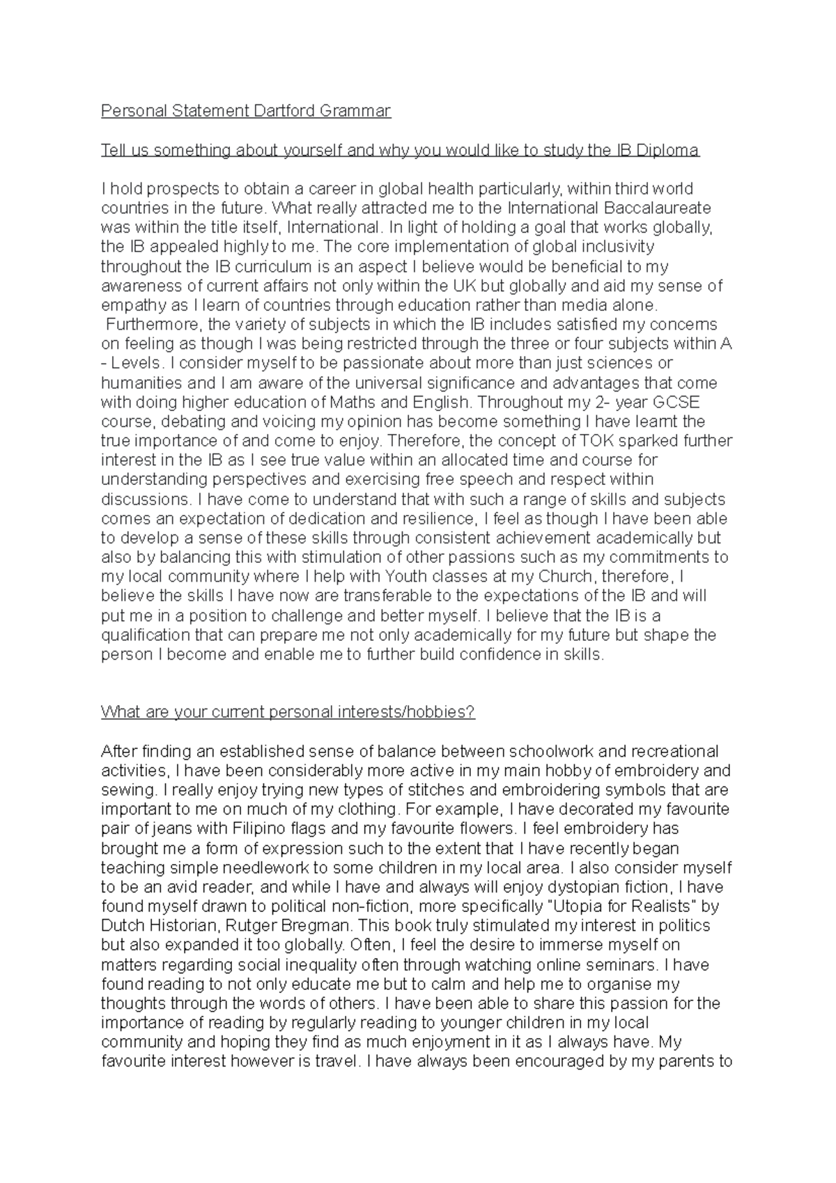 Personal Statement Dartford Grammar - What really attracted me to the ...