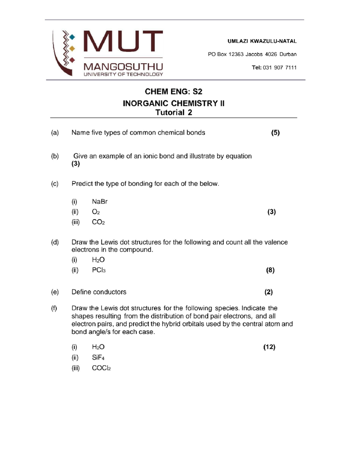 S2 Chem eng Inorganic Tutorial 2 Sem2 - CHEM112 - Studocu