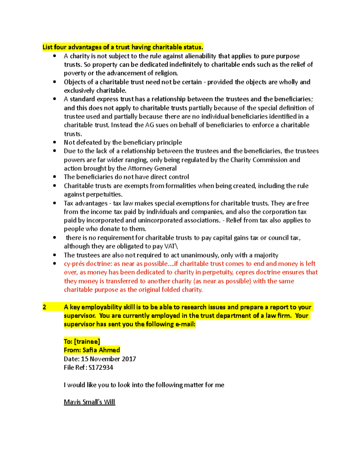 Equity tutorial 4 - List four advantages of a trust having charitable ...