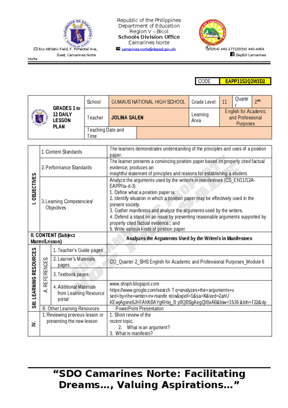 EApp English for Academic Purposes quarter 1 module guide topic of ...