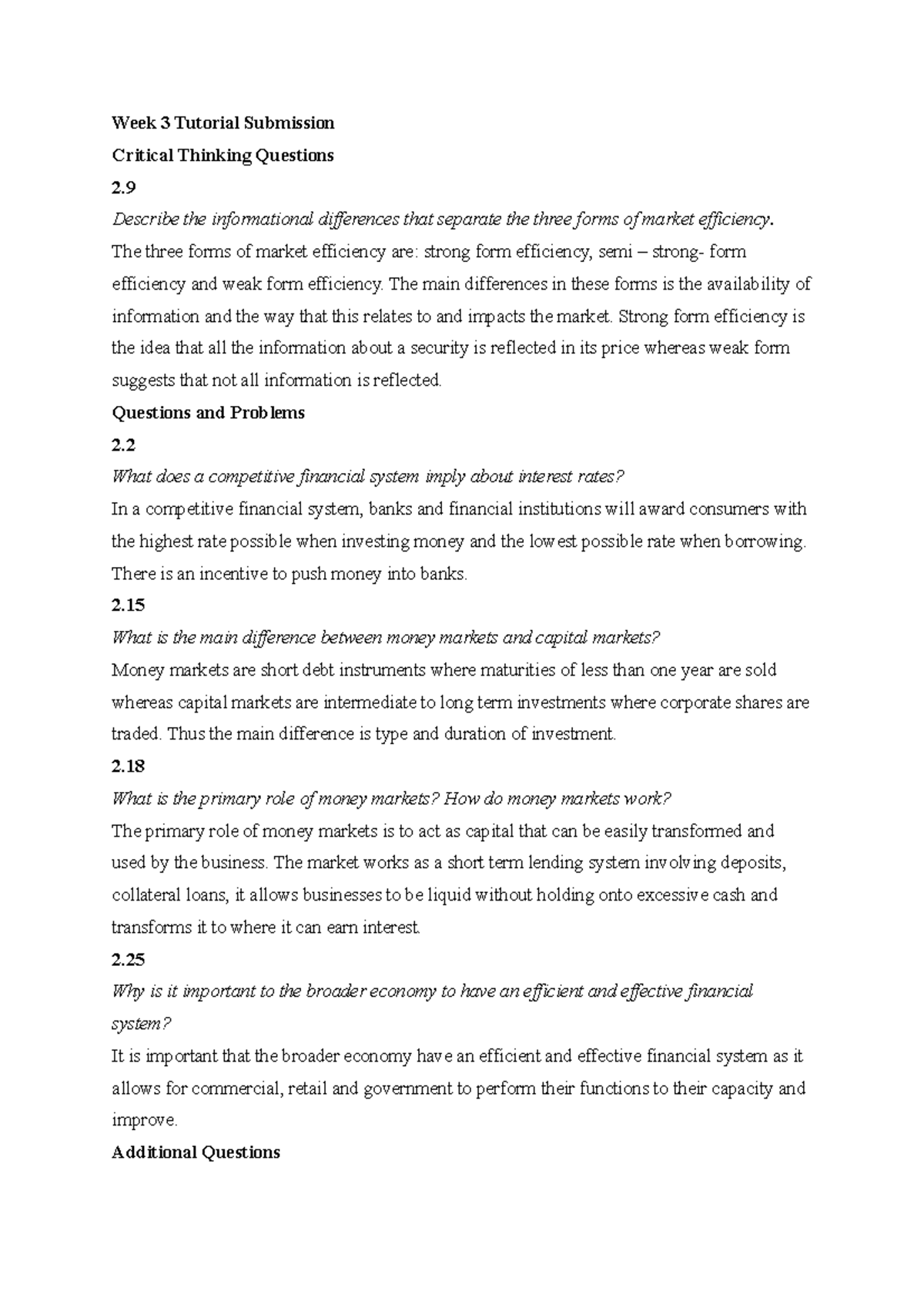 Week 3 Tutorial Submission Finance - Week 3 Tutorial Submission Critical Thinking Questions 2 ...