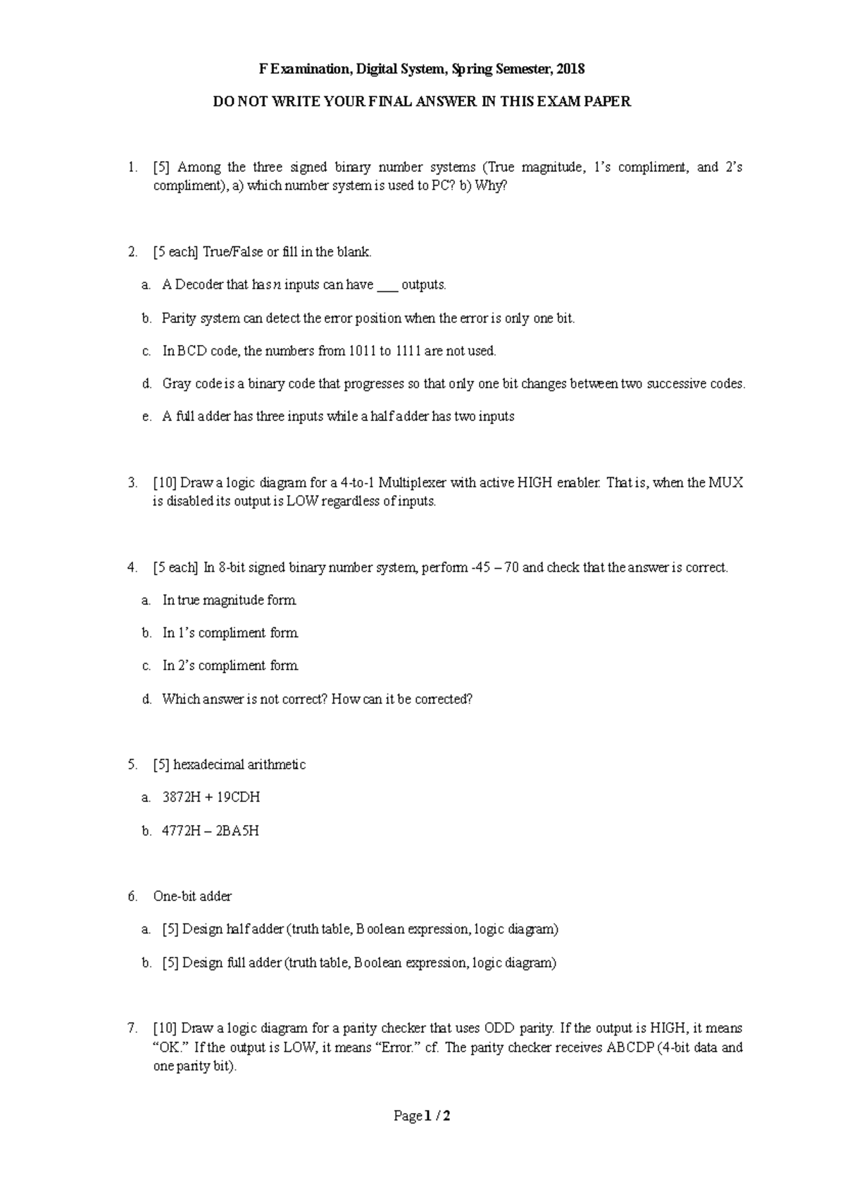 Final Exam 2018 - jfadskl; - F Examination, Digital System, Spring Semester, 2018 DO NOT WRITE ...