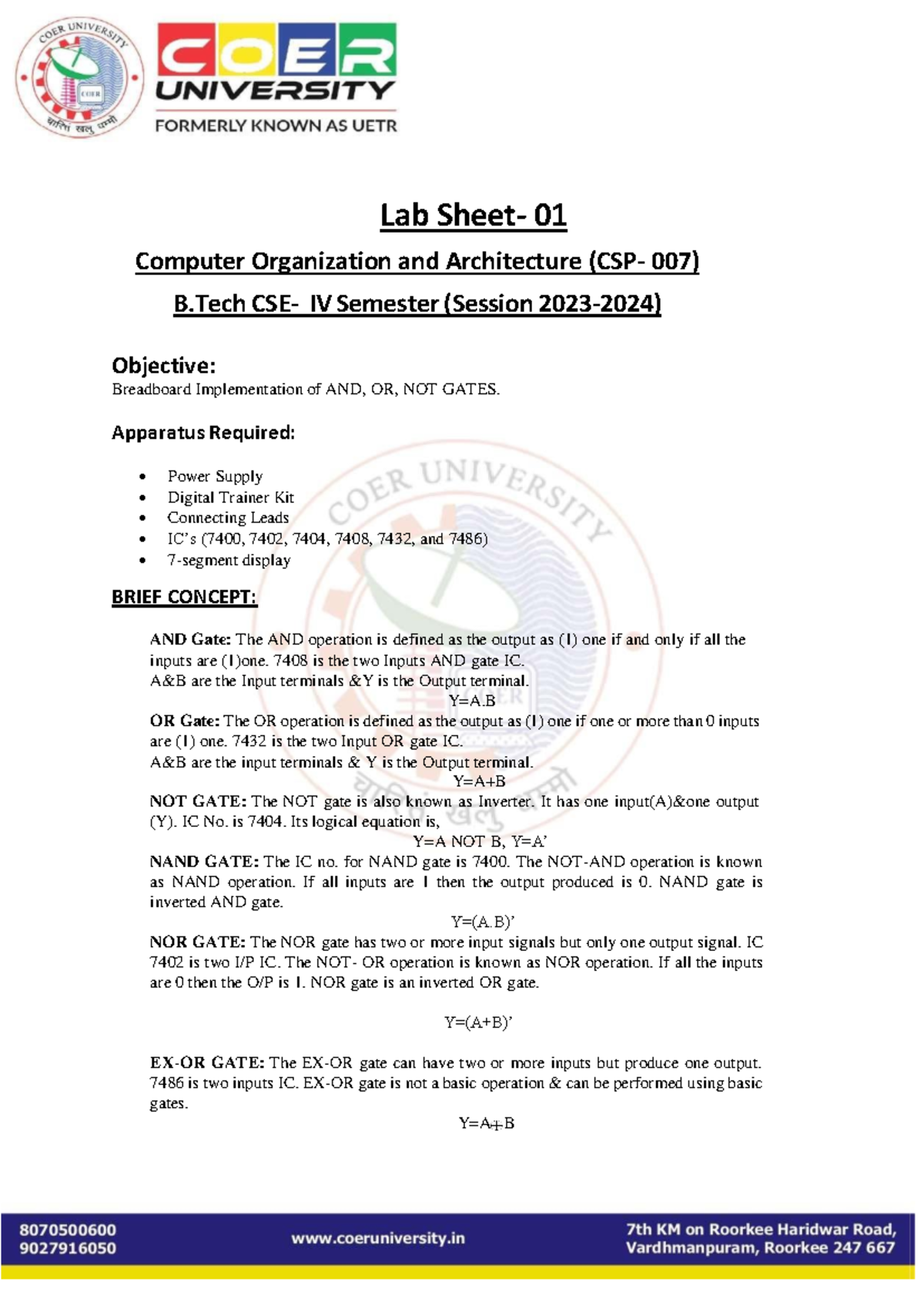Lab Sheet-01 - Apparatus Required: Power Supply Digital Trainer Kit Connecting Leads IC’s - Studocu