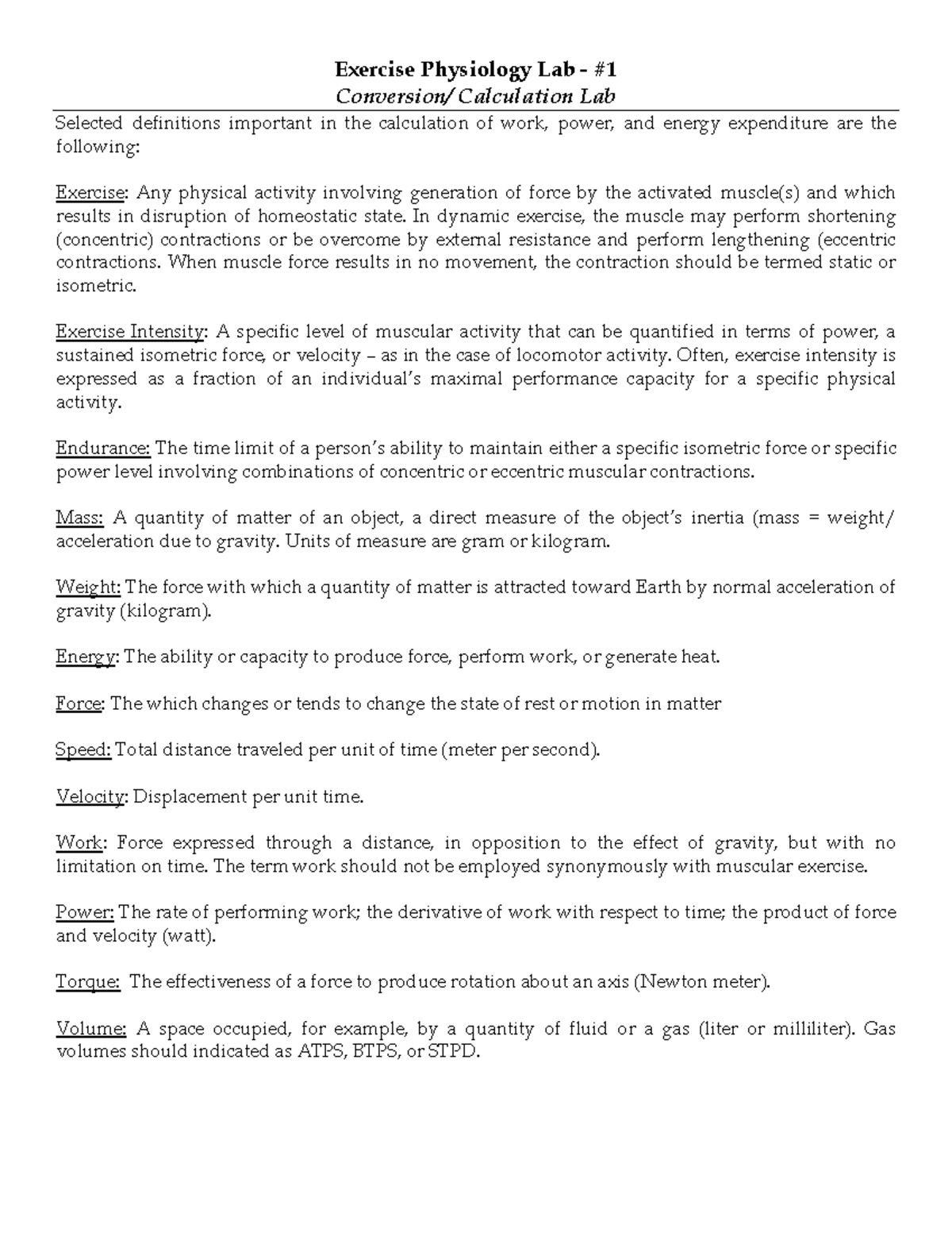 Lab 1 fall18 - Lab assignment - Exercise Physiology Lab - #1 Conversion ...