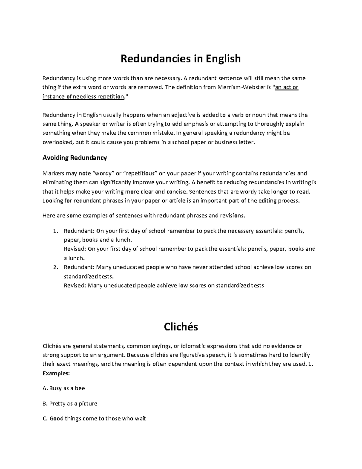 Redundancies Clichés - Notes - Redundancies in English Redundancy is ...