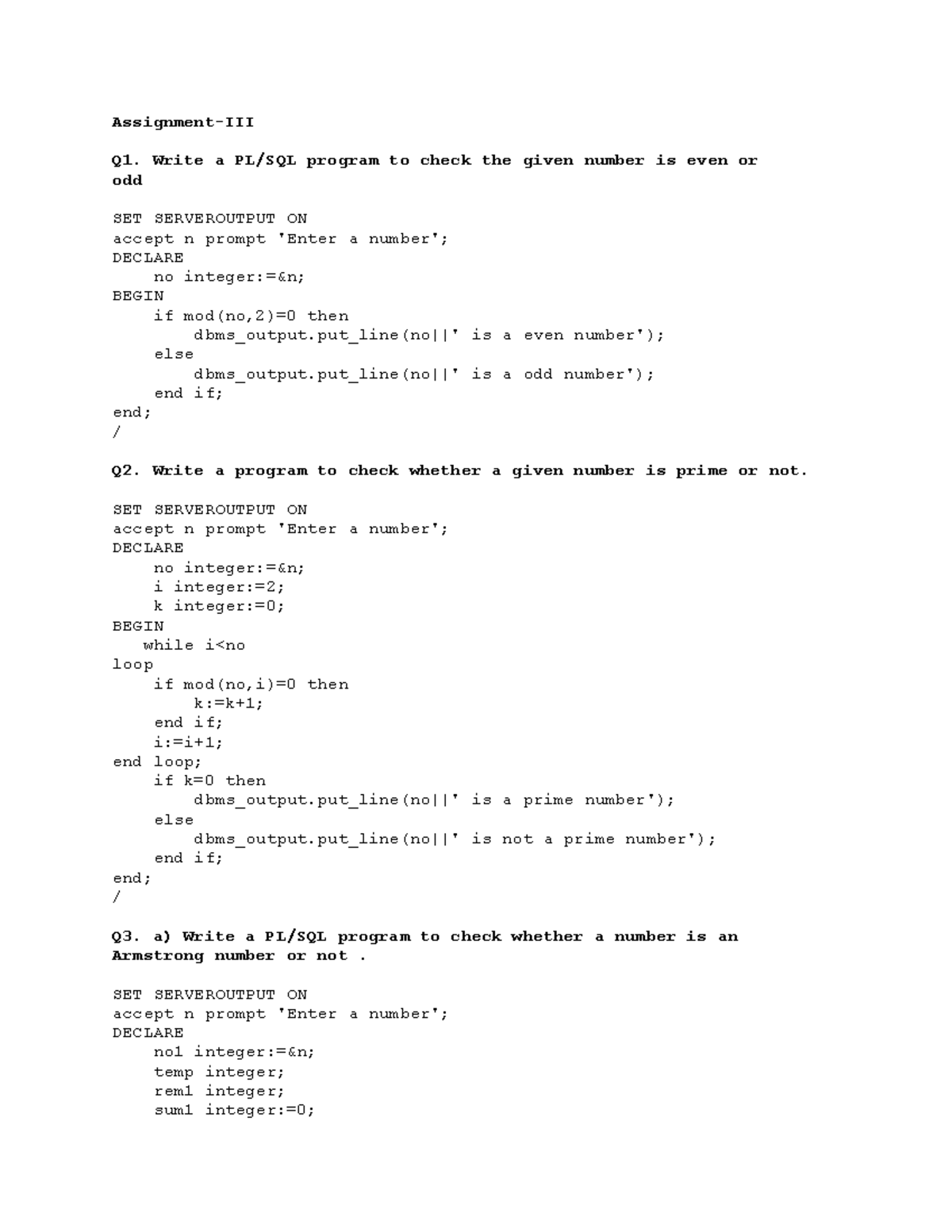 Assignment 3 Lab Copy Assignment Iii Q1 Write A Plsql Program To Check The Given Number Is