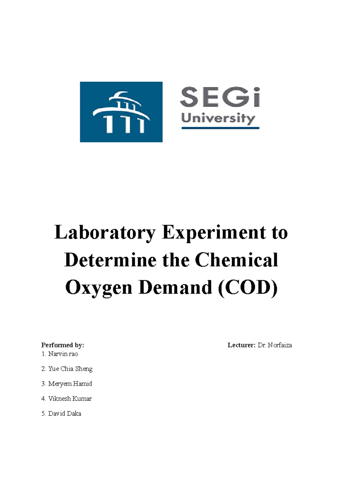 ECH4423 Lab manual COD - Laboratory Experiment to Determine the ...