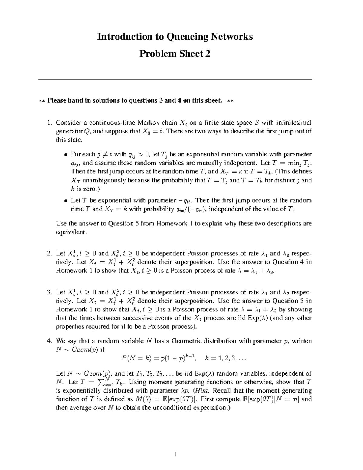 MATH35800 2017-2018 Homework 2 - Introduction to Queueing Networks Problem Sheet 2 ∗∗ Please ...