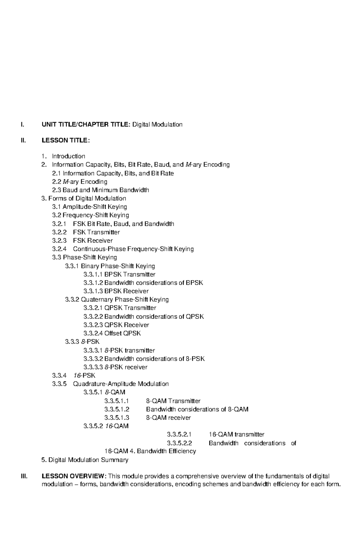 Digital Communications - Lesson 4 - I. UNIT TITLE/CHAPTER TITLE ...