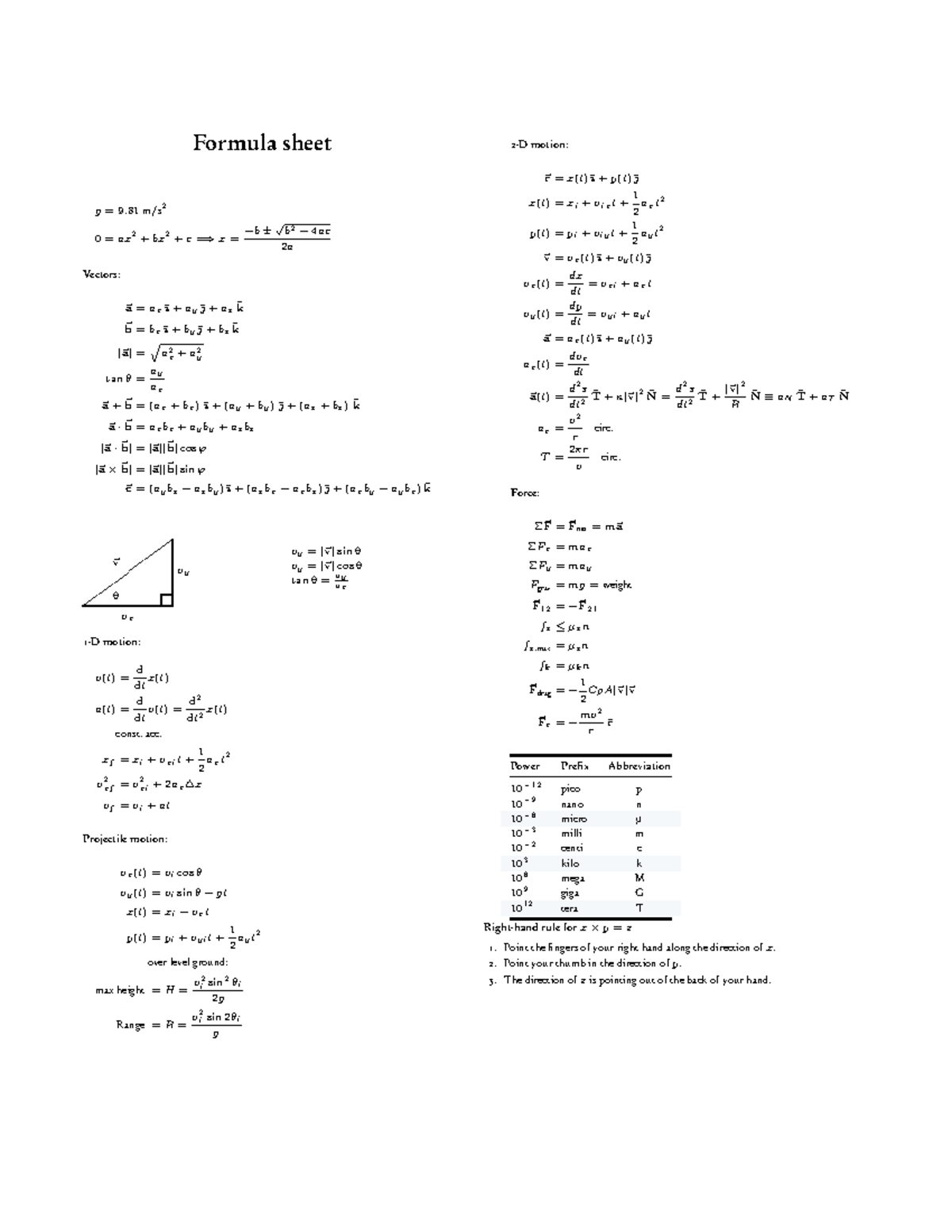 Formula-sheet - notes - Formula sheet motion: r x(t) y(t) 2 1 2 ax t 2 ...