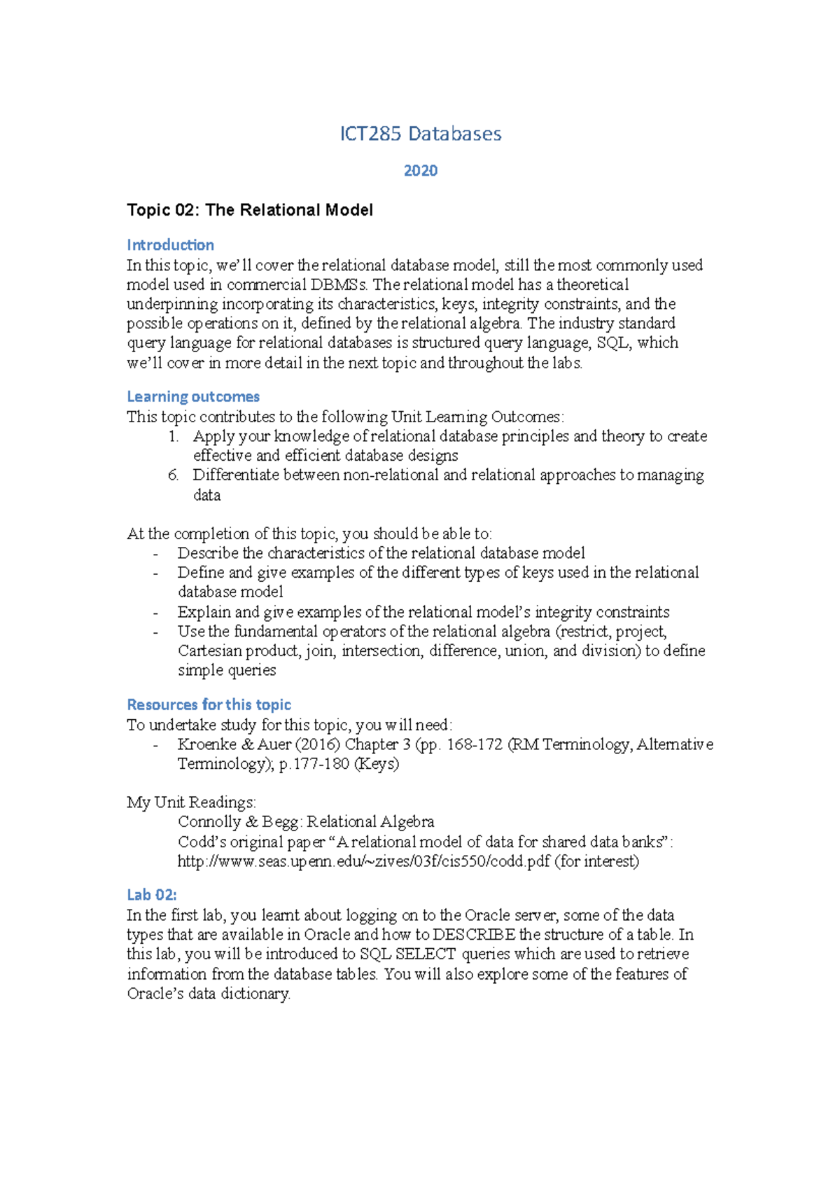 Topic 02 Learning Guide Workthrough - ICT285 Databases 2020 Topic 02: The Relational Model - Studocu