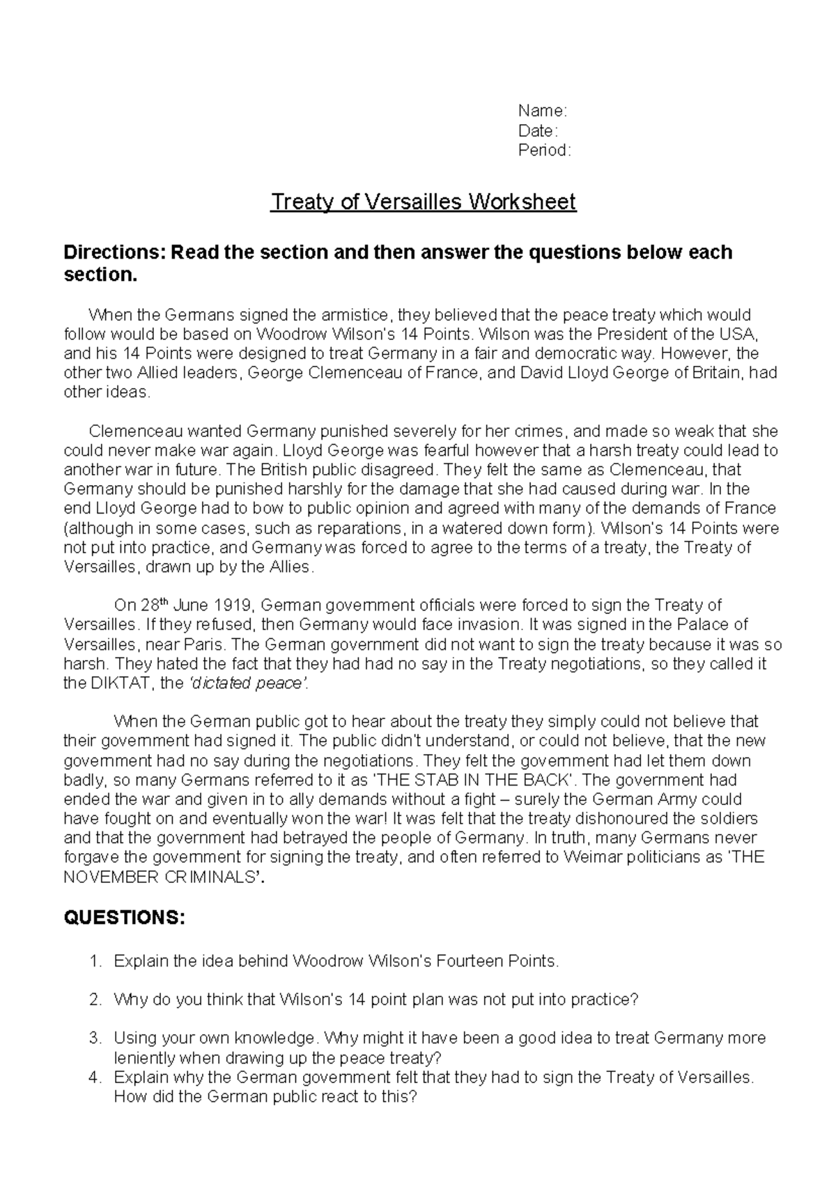 Treaty of Versailles worksheet - Name: Date: Period: Treaty of ...