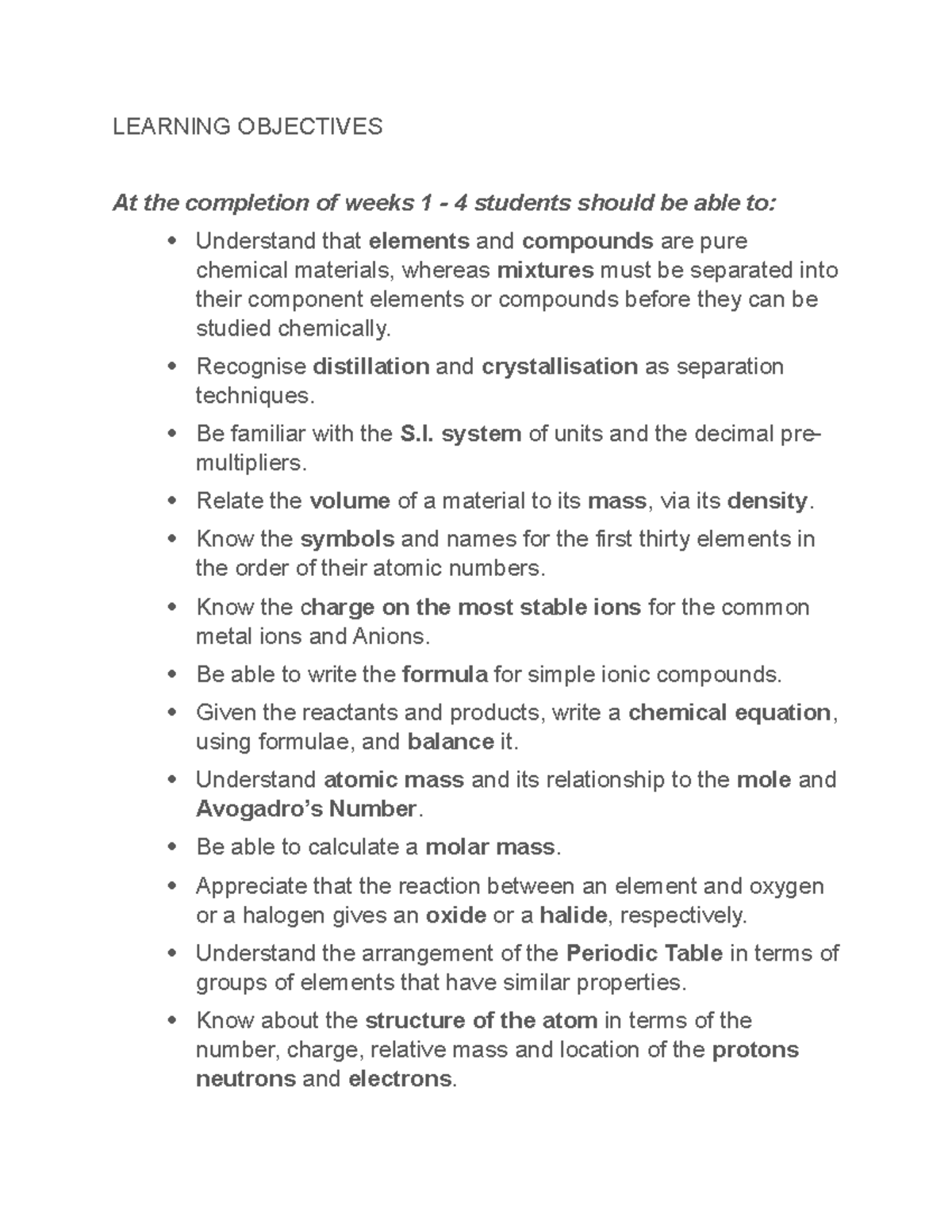 Chem1201 - Learning Objectives - LEARNING OBJECTIVES At the completion ...